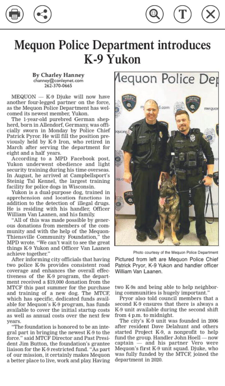 Mequon Police Department Introduces K-9 Yukon - Mequon-Thiensville ...